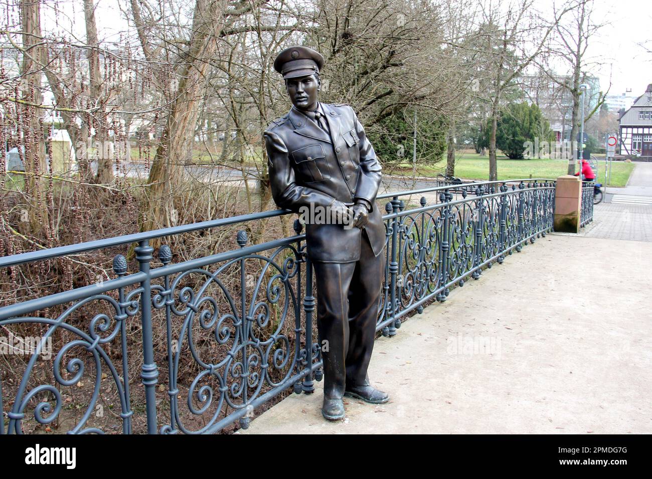 Bronze statue of Elvis Presley, in the US Army Private uniform, on the ...