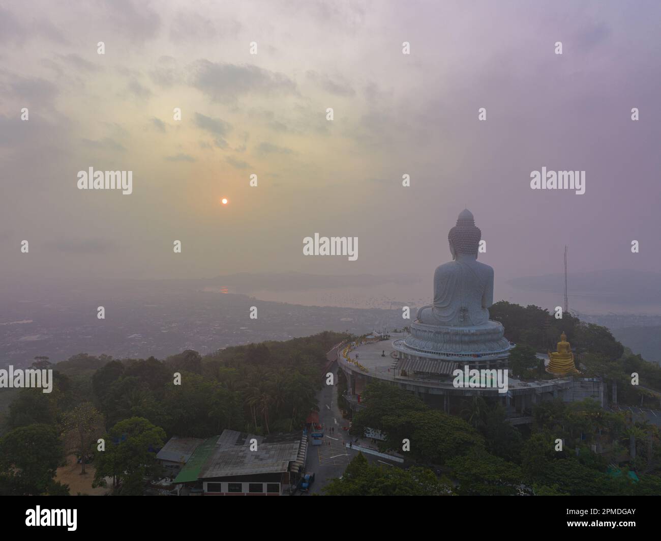 aerial view beautiful sunrise at Phuket big Buddha on the hilltop ...