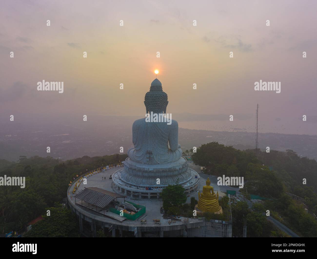 aerial view beautiful sunrise at Phuket big Buddha on the hilltop ...