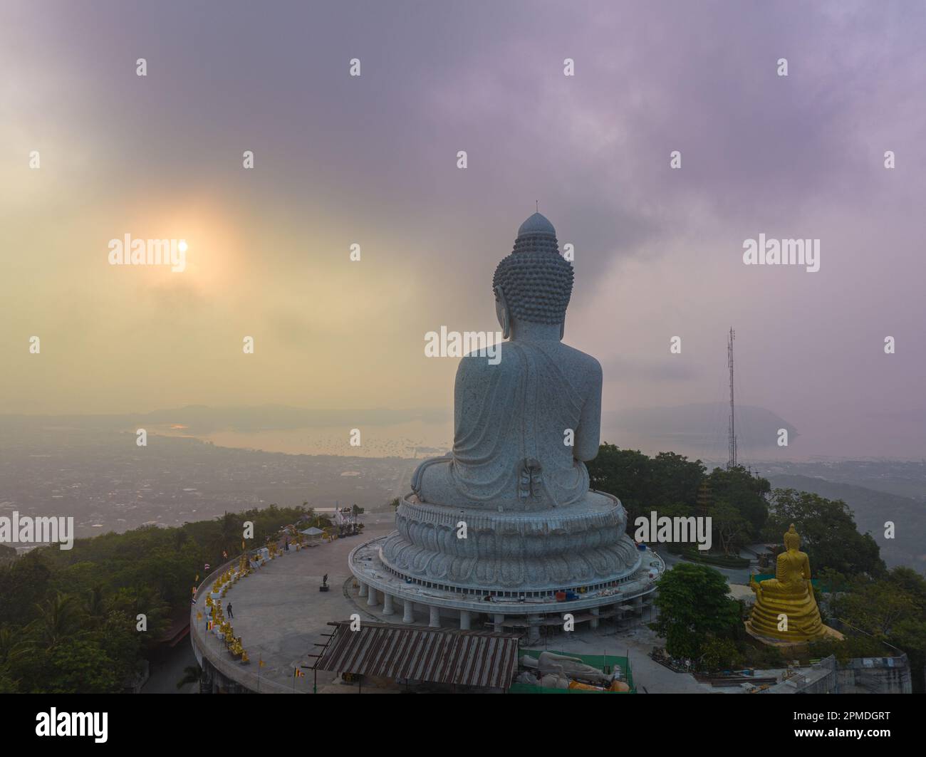 aerial view beautiful sunrise at Phuket big Buddha on the hilltop ...