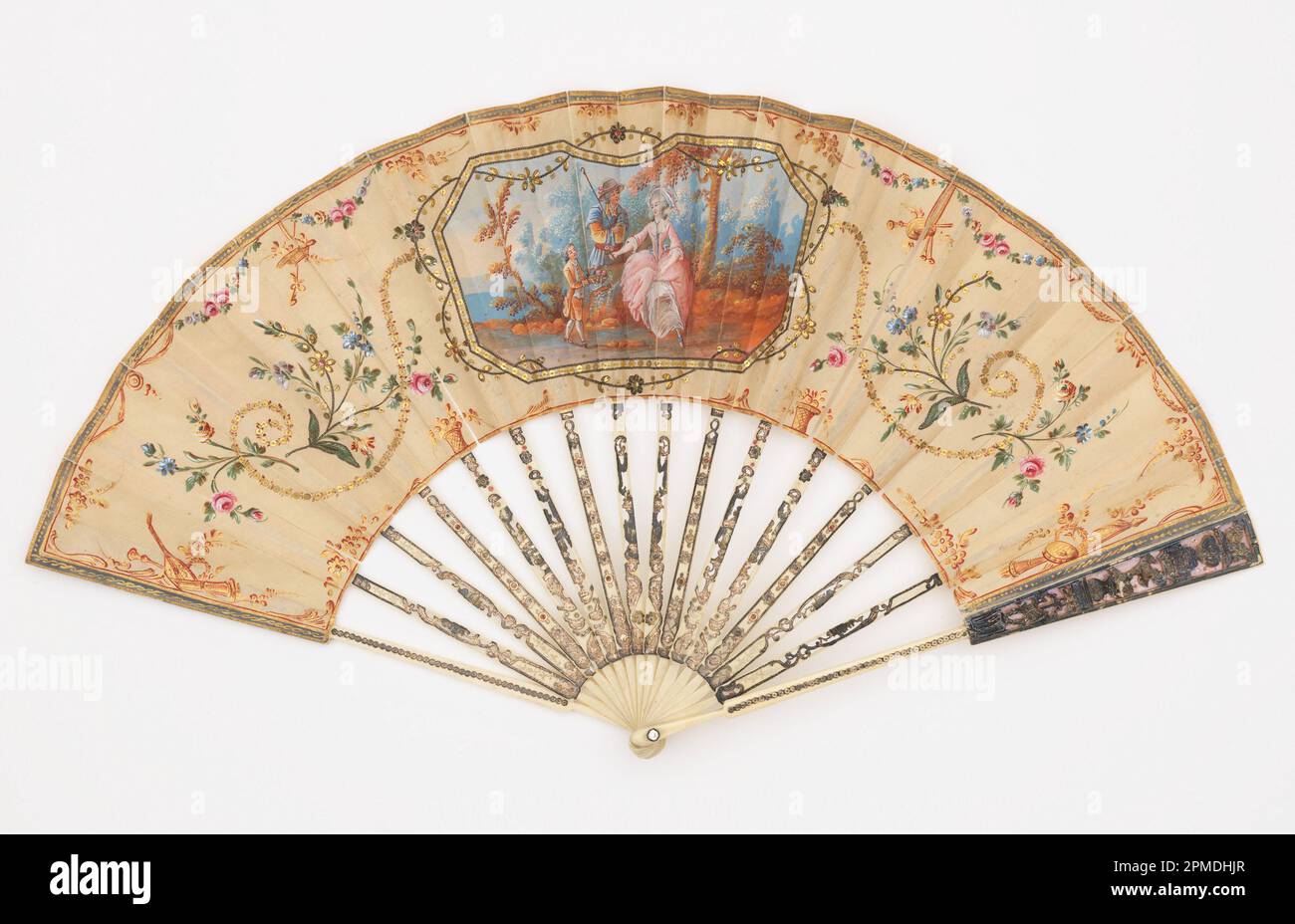 Pleated Fan; painted and gilded silk gauze leaf with applied metallic ...