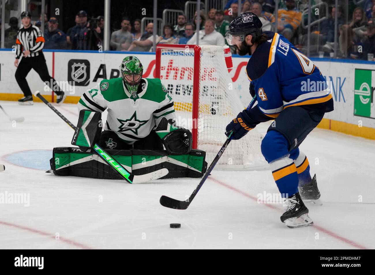 St. Louis Blues' Nick Leddy (4) looks to pass as Dallas Stars ...