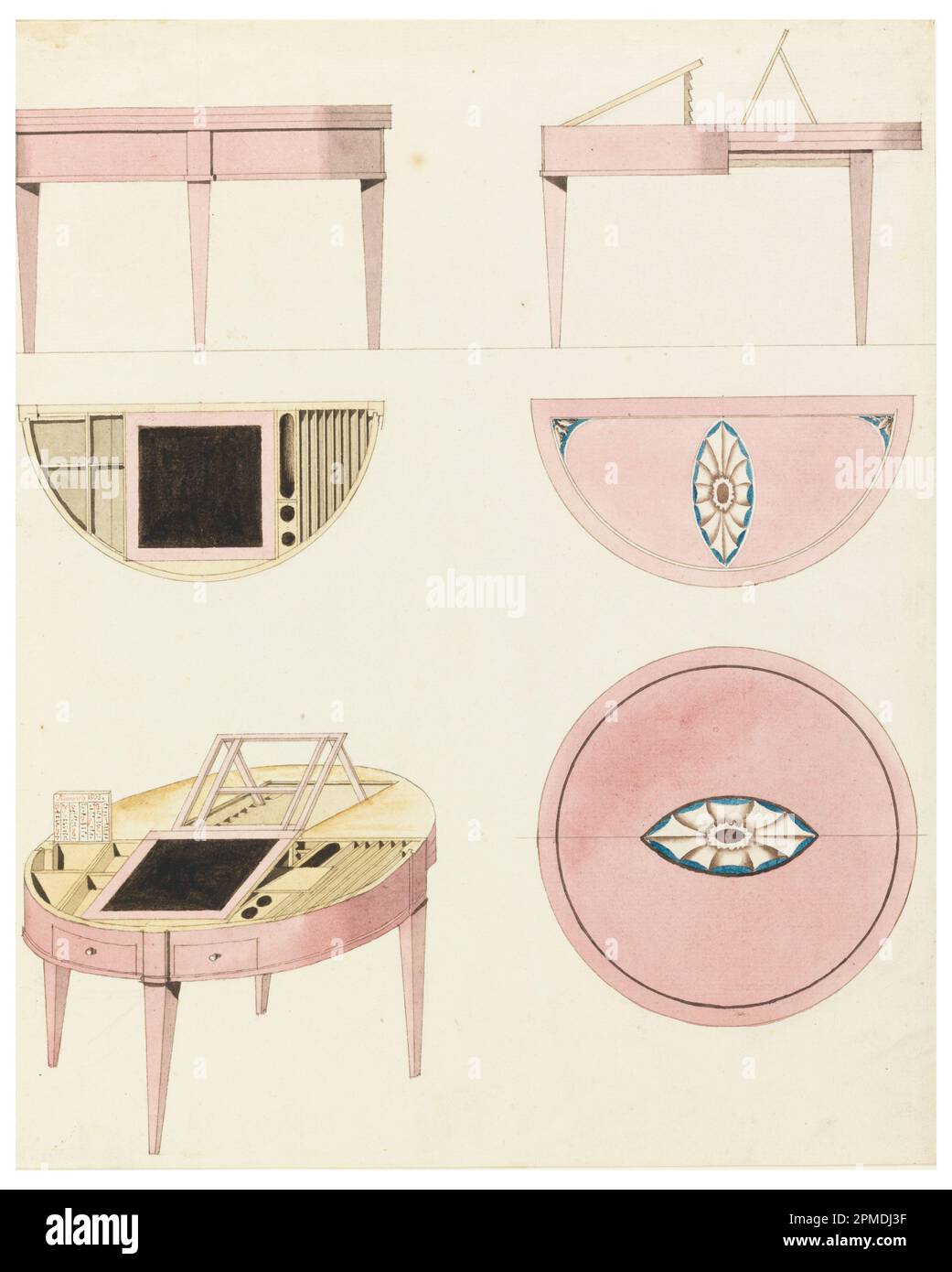 Drawing, Design for Mechanical Furniture: Tables; Germany; pen and gray ...