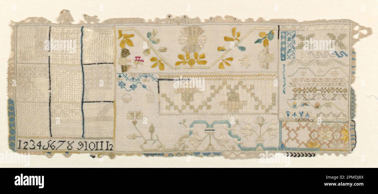 Sampler (Mexico); silk and linen embroidery, linen foundation; 24 x 51. ...