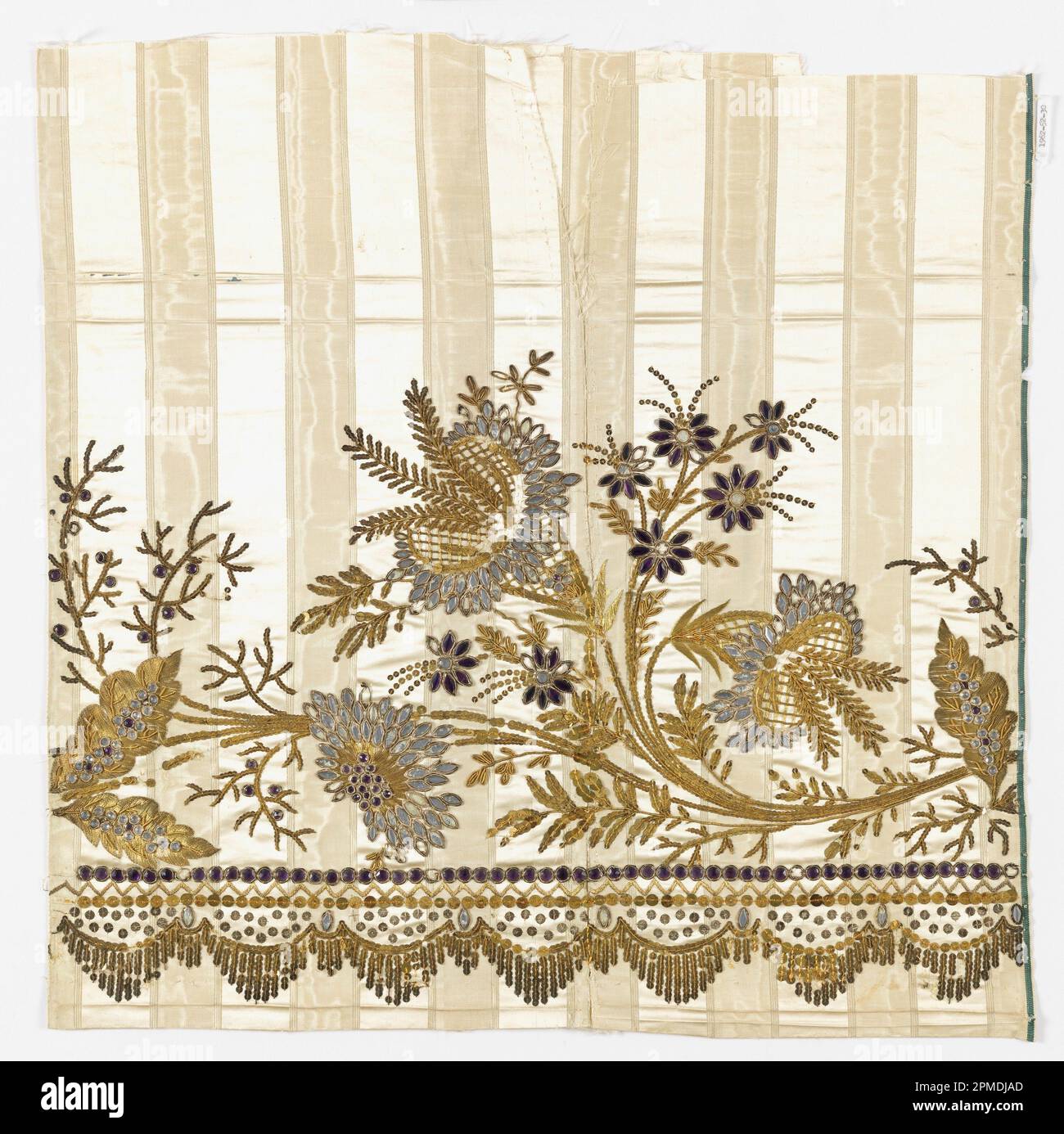 Fragment; silk, spangles, cut stones, metal, metallic yarns on silk ...