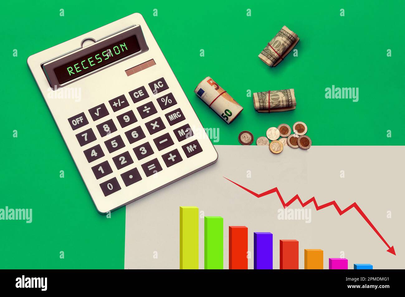 Colorful charts on paper presenting recession economy model with ...