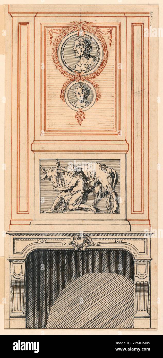 Drawing, Elevation of a Wall Panel with a Fireplace; France; pen and ...