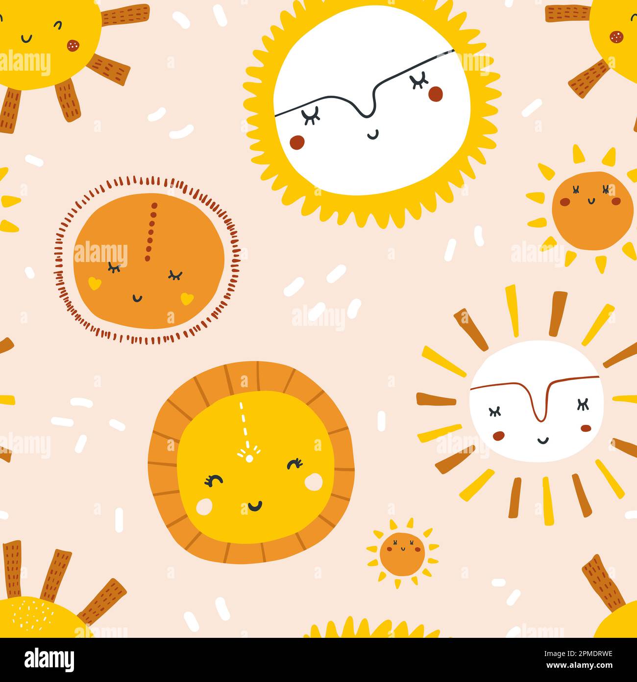 Vector hand-drawn color seamless pattern with cute smiling sun. Cute ...
