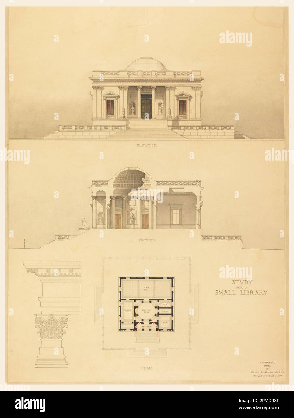 Drawing, Design for a small library: front elevation, section, plan ...