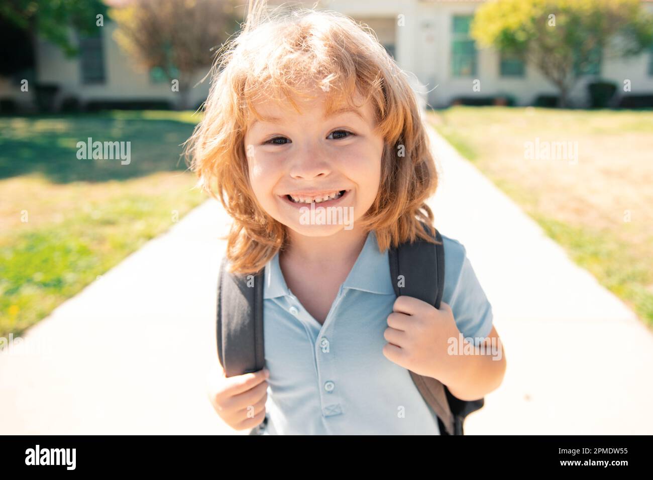Funny school boy face. Back to school. Portrait of excited kid with ...