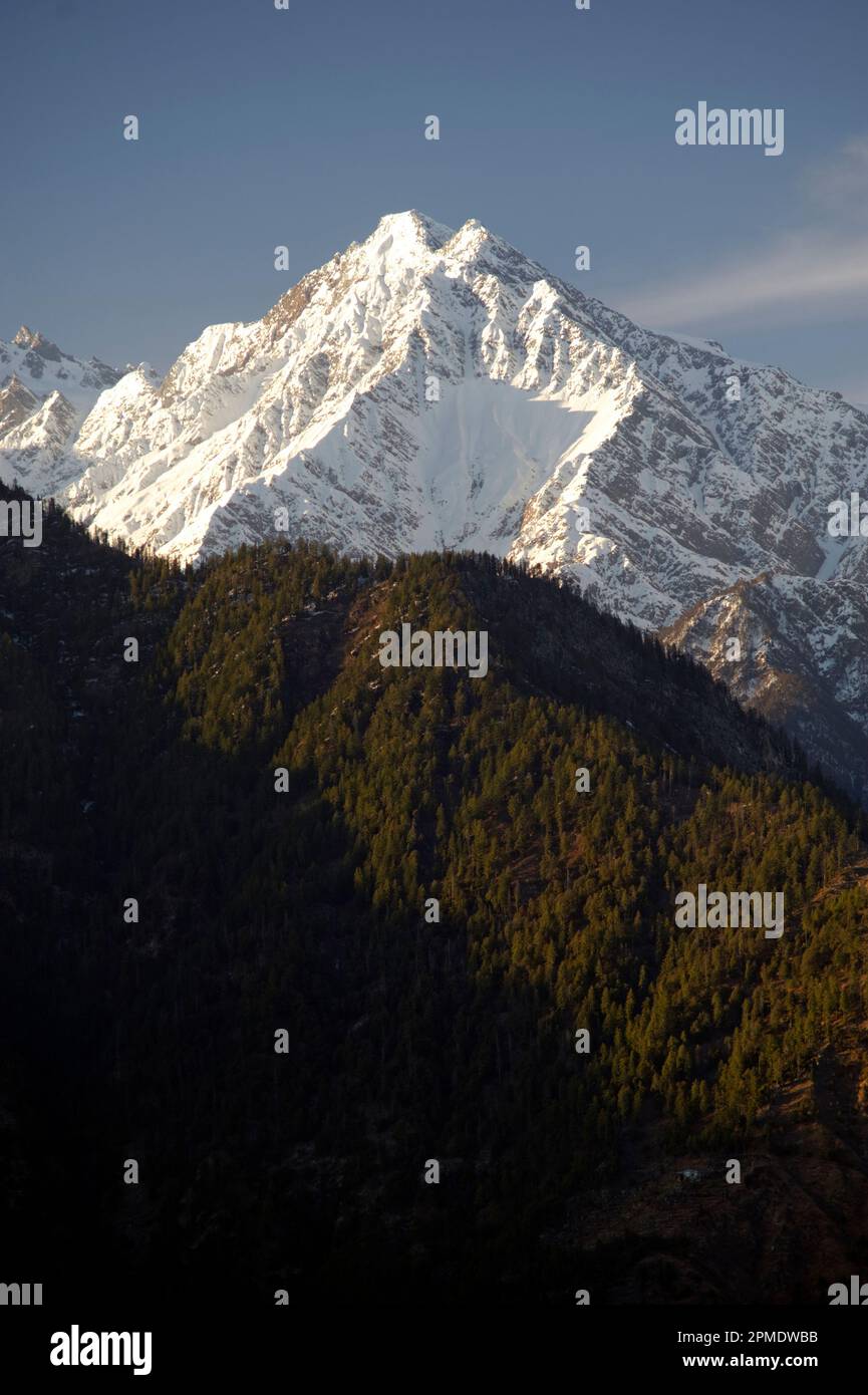 View of a Himalayas snow covered peaks from Sarahan of state Himachal ...