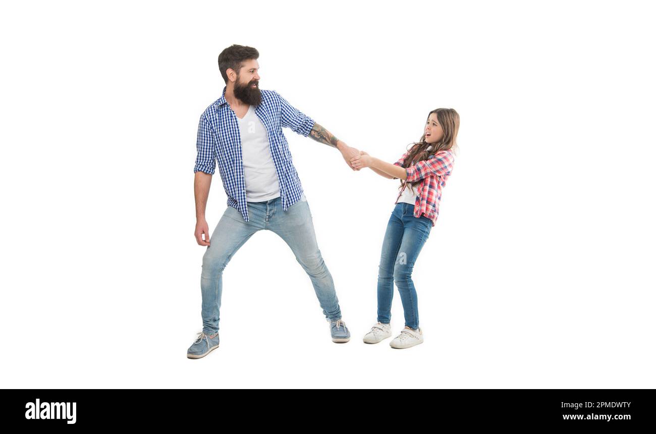 Misunderstanding and protest. Stay your position. Father kid moving ...