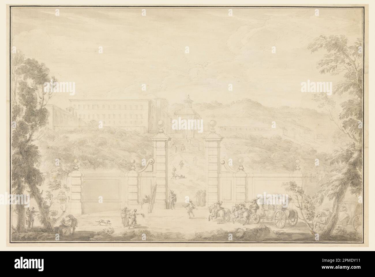 Drawing, View of a Monastery Receiving Visit from Great People ...