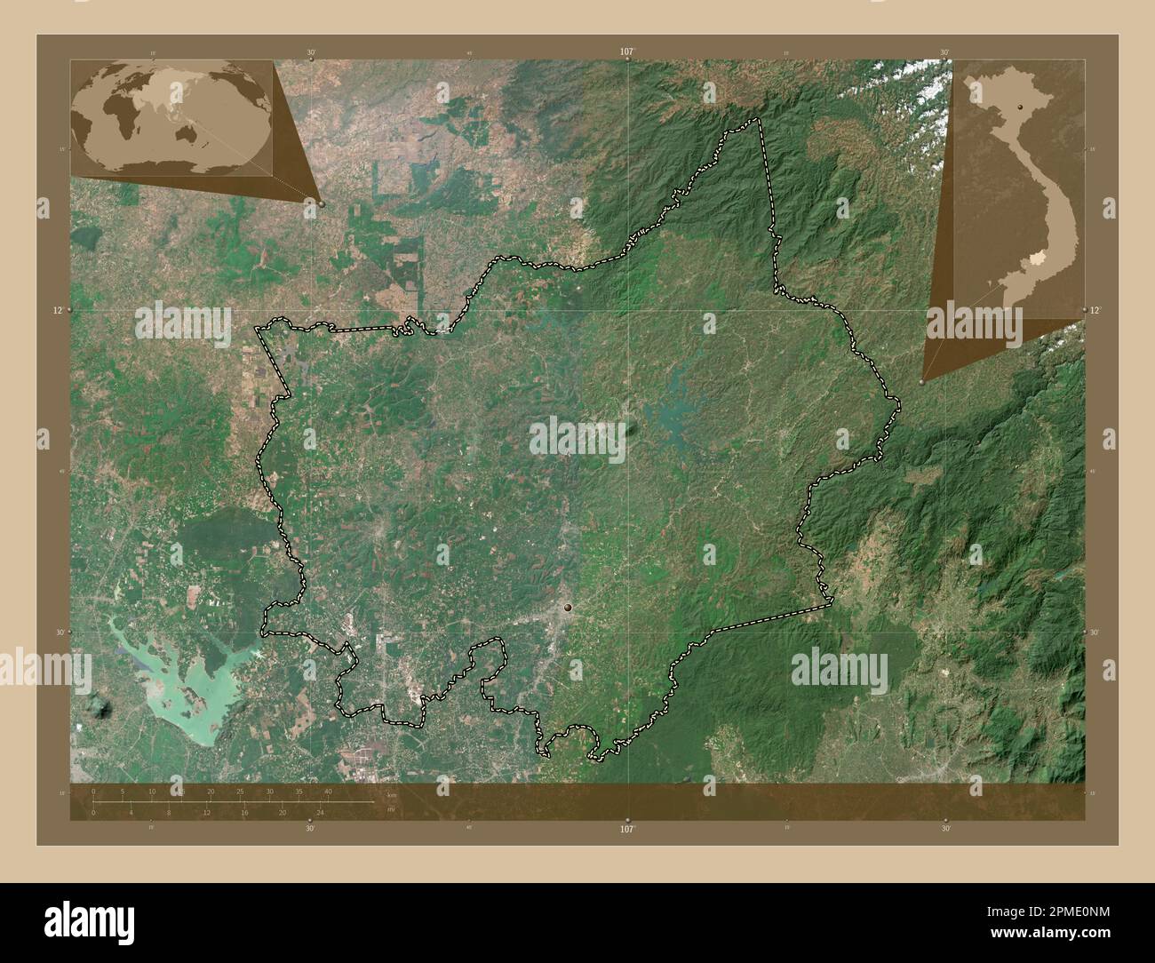 Binh Phuoc, province of Vietnam. Low resolution satellite map. Corner ...