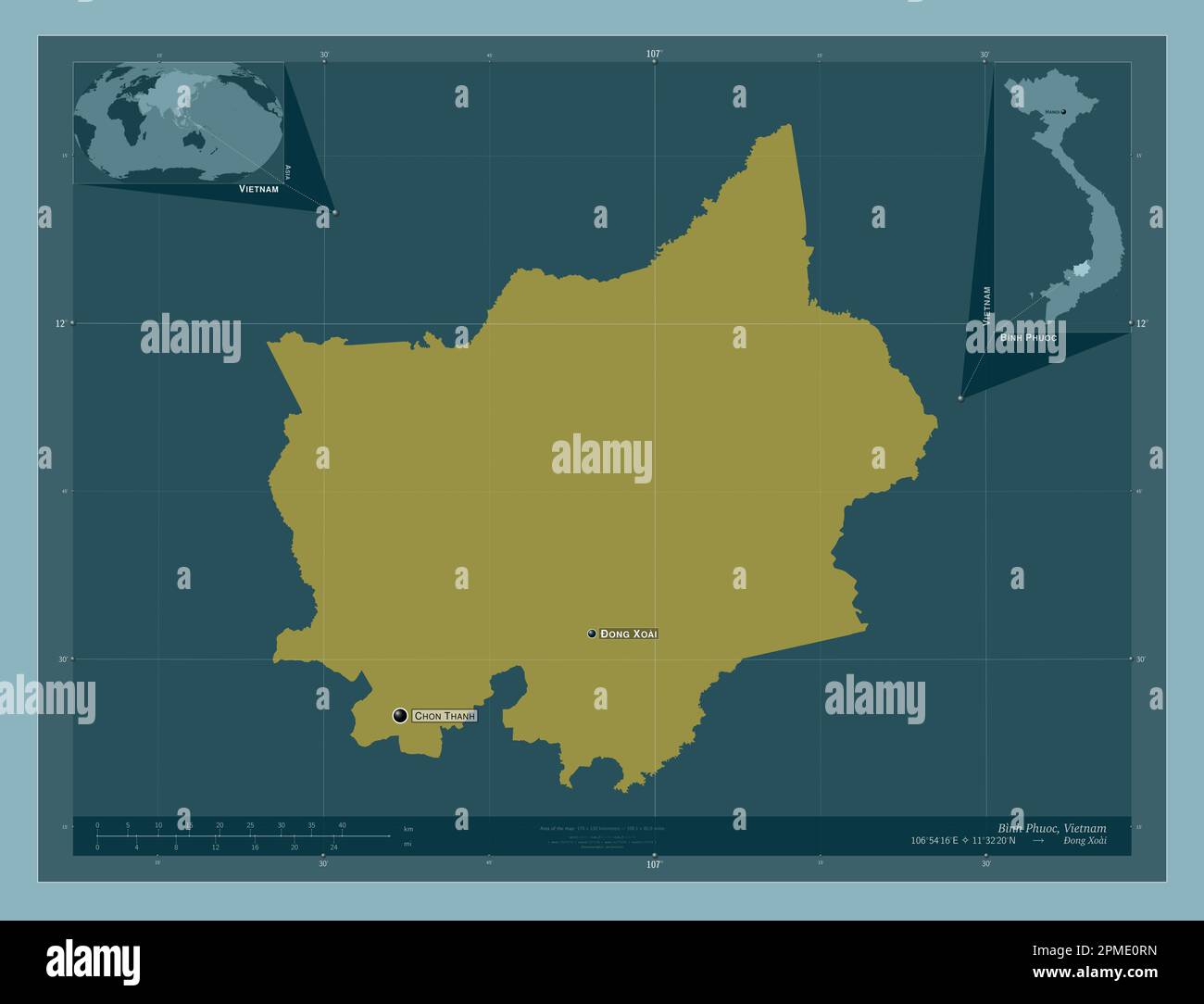 Binh Phuoc, province of Vietnam. Solid color shape. Locations and names ...