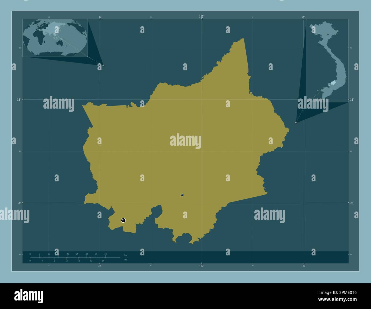 Binh Phuoc, province of Vietnam. Solid color shape. Locations of major ...
