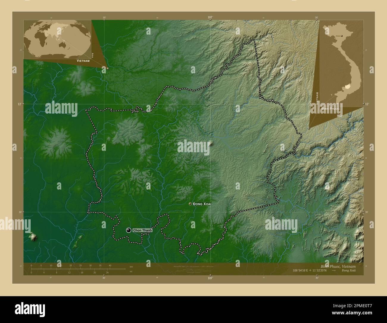 Binh Phuoc, province of Vietnam. Colored elevation map with lakes and ...