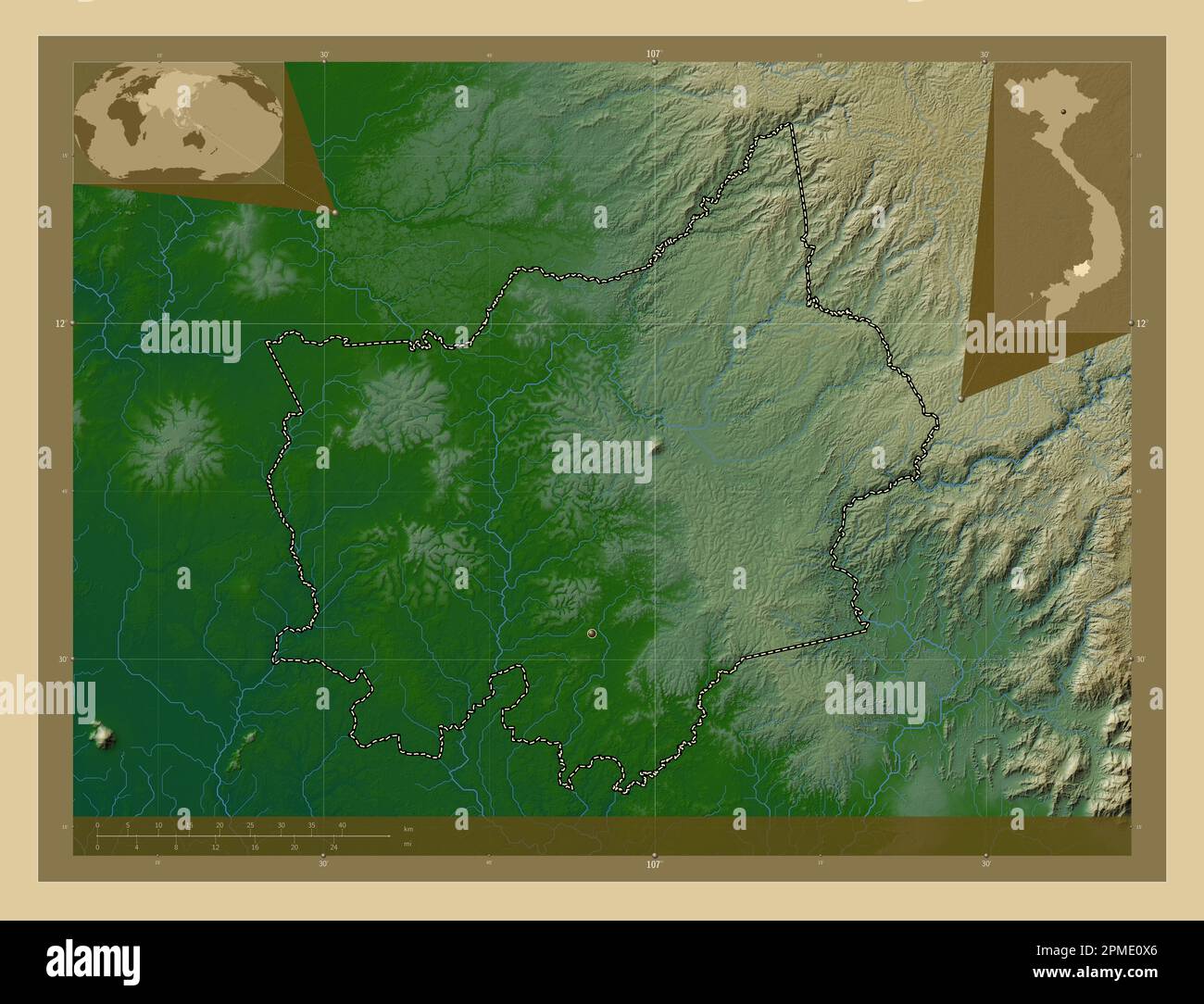 Binh Phuoc, province of Vietnam. Colored elevation map with lakes and ...