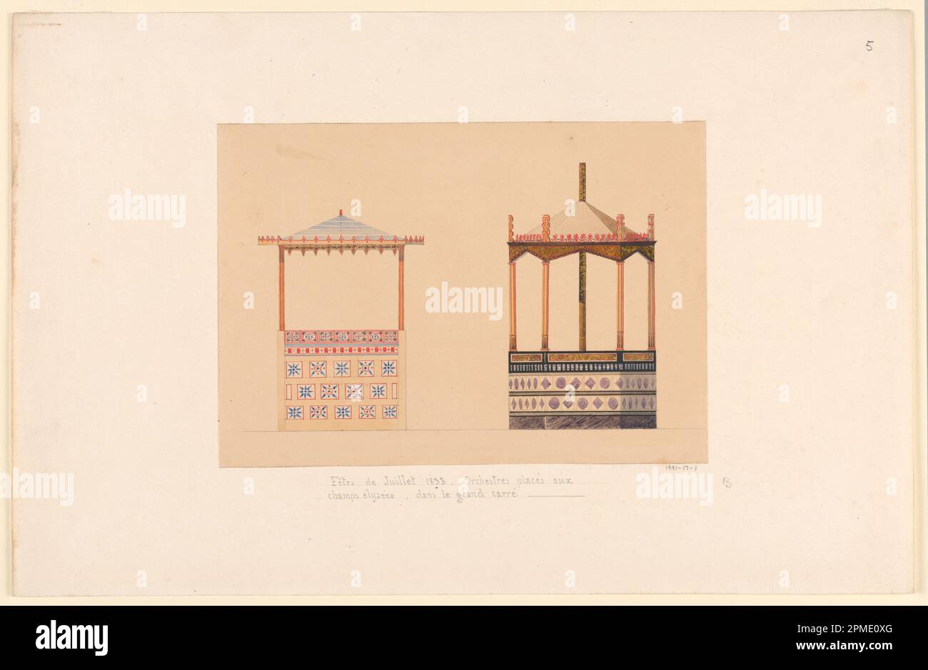 Drawing, "Orchstres places aux Champs elysees, dans le gran carres ...