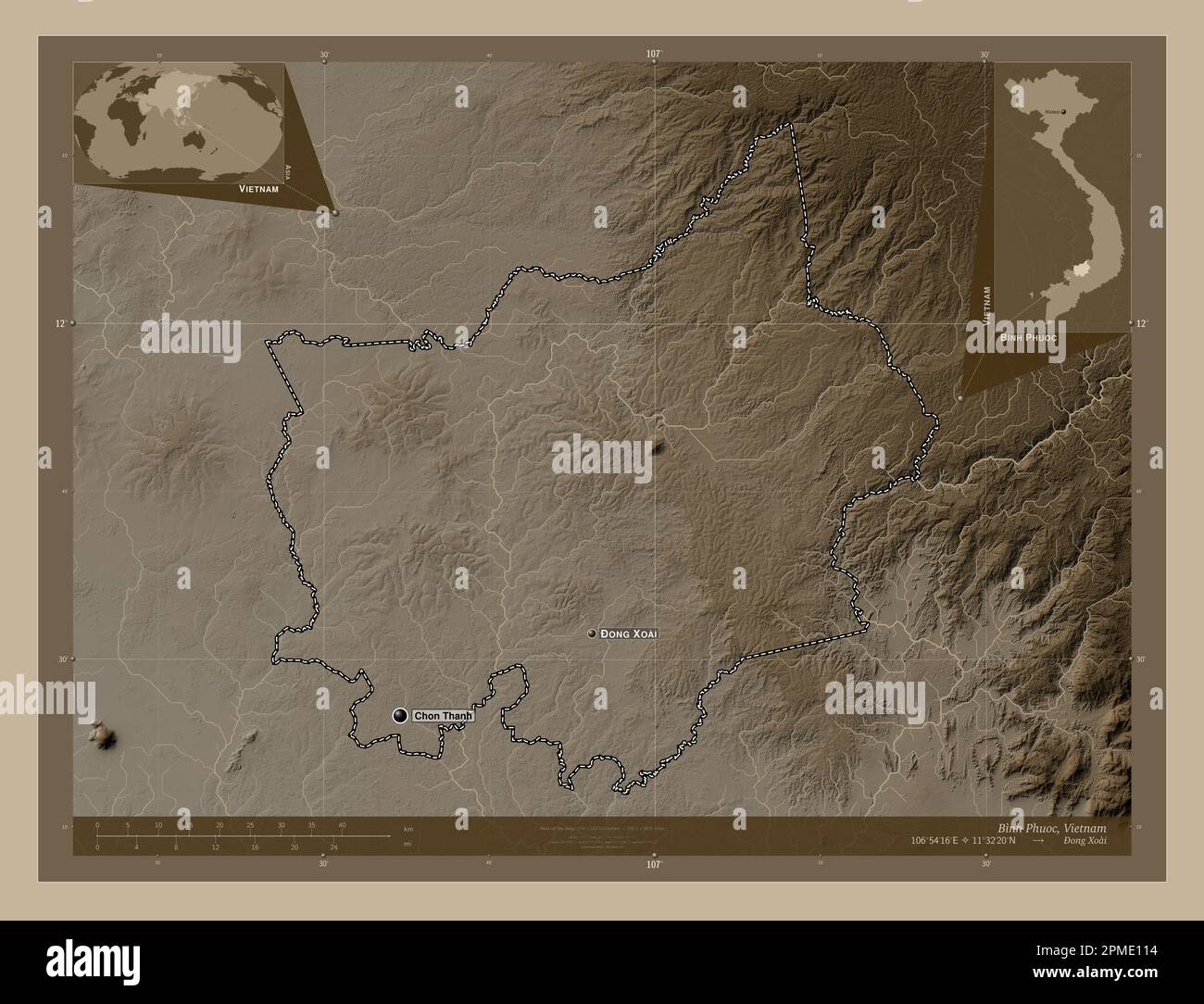 Binh Phuoc, province of Vietnam. Elevation map colored in sepia tones ...