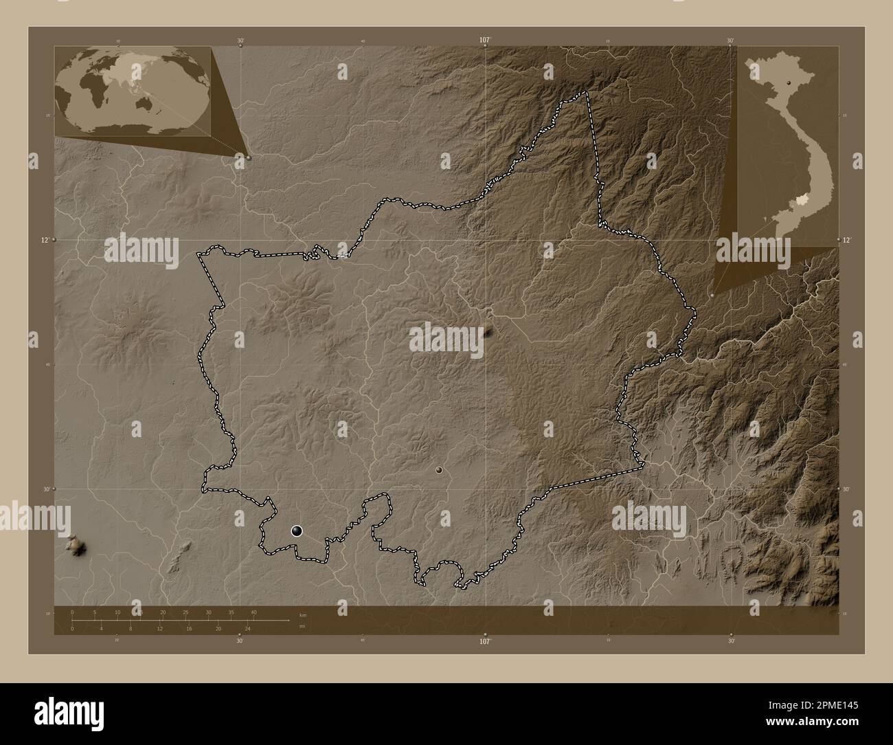 Binh Phuoc, province of Vietnam. Elevation map colored in sepia tones ...