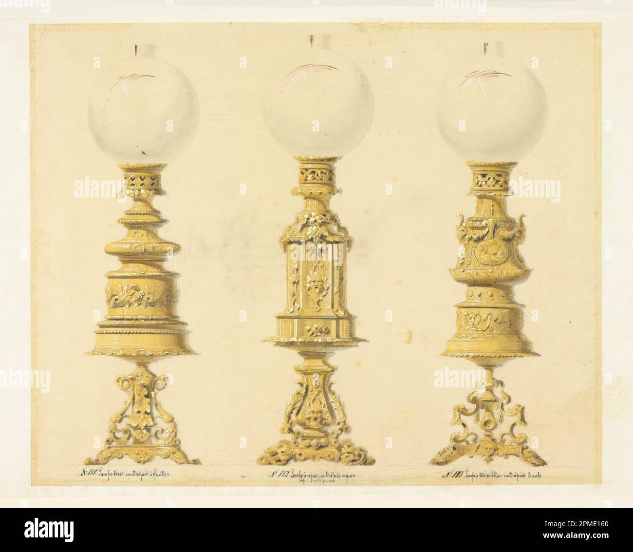 Drawing, Design for Three Lamps; France; graphite, pen and ink, brush ...