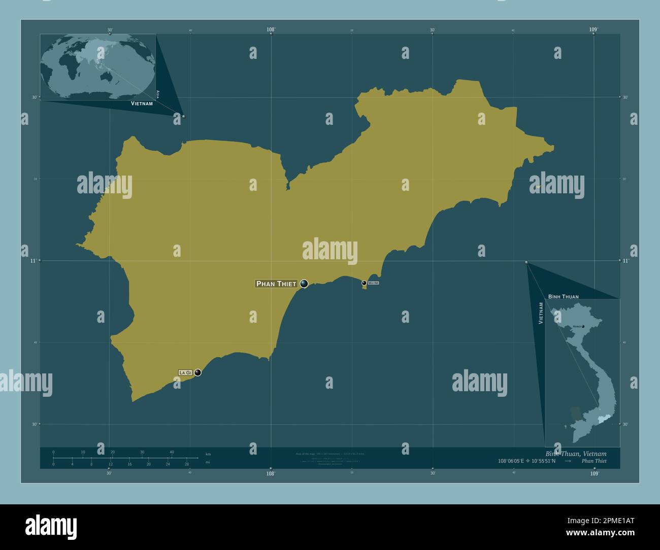 Binh Thuan, province of Vietnam. Solid color shape. Locations and names ...
