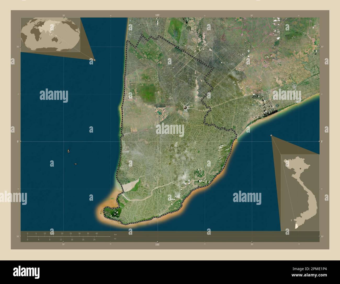 Ca Mau, province of Vietnam. High resolution satellite map. Locations ...