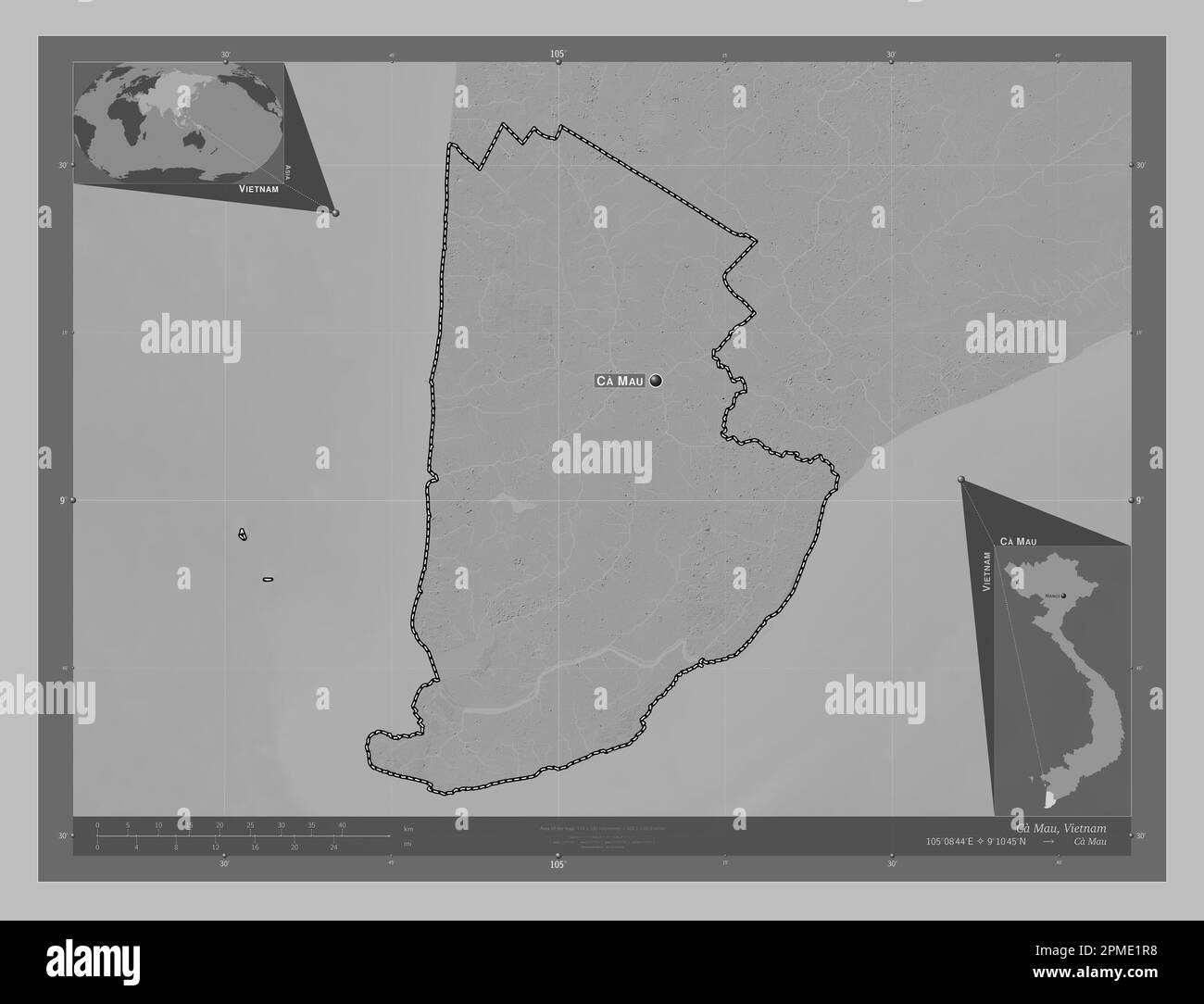Ca Mau, province of Vietnam. Grayscale elevation map with lakes and rivers. Locations and names ...