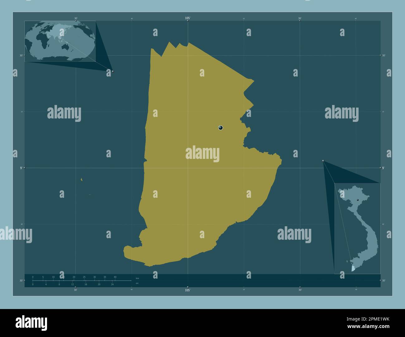 Ca Mau, province of Vietnam. Solid color shape. Locations of major ...