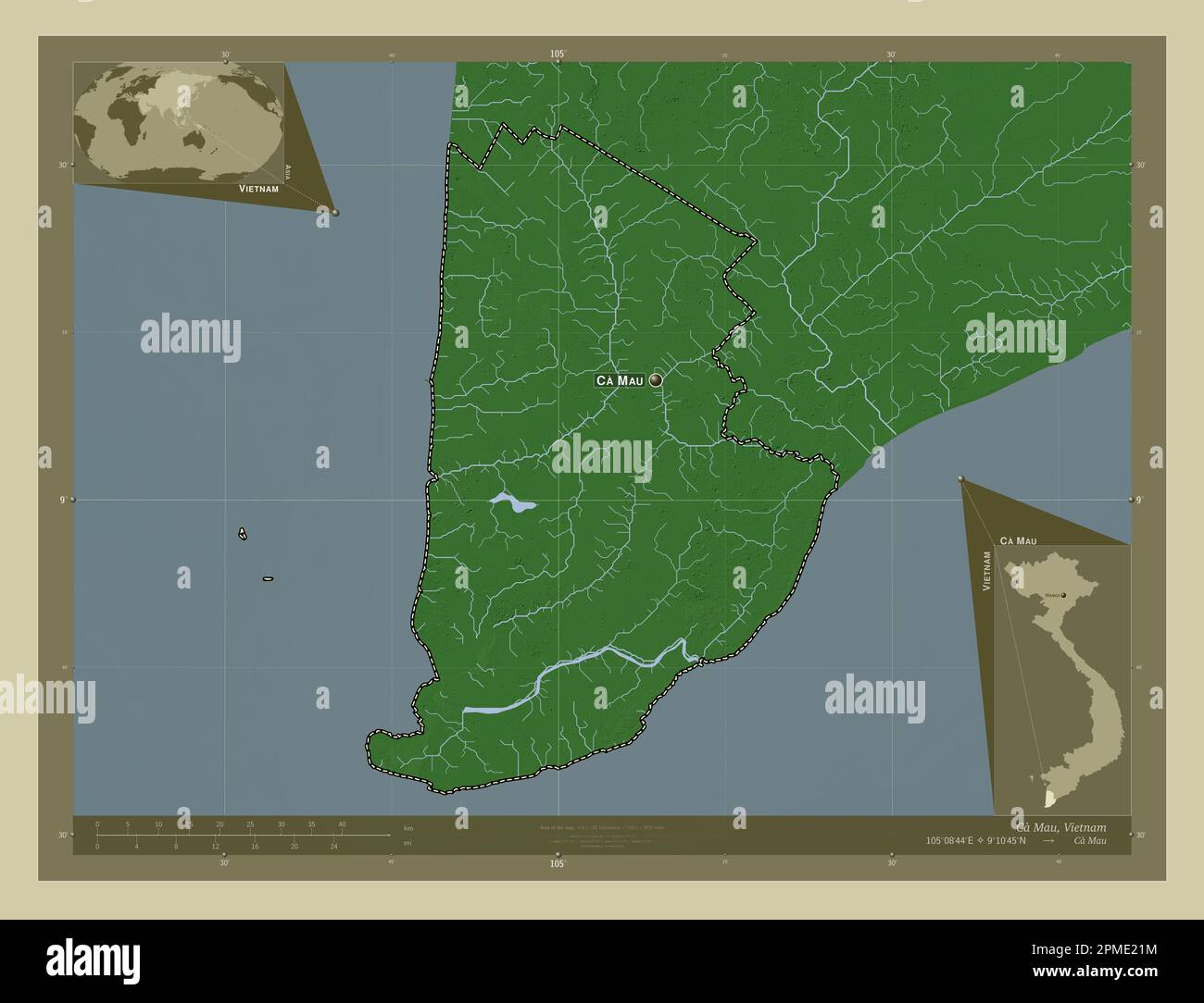 Ca Mau, province of Vietnam. Elevation map colored in wiki style with lakes and rivers ...