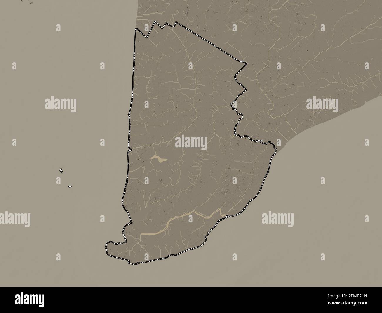 Ca Mau, province of Vietnam. Elevation map colored in sepia tones with ...