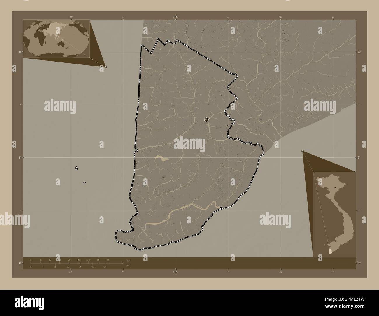 Ca Mau, province of Vietnam. Elevation map colored in sepia tones with ...