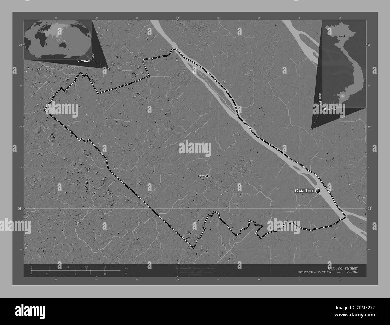 Can Tho, city|municipality|thanh pho of Vietnam. Bilevel elevation map ...