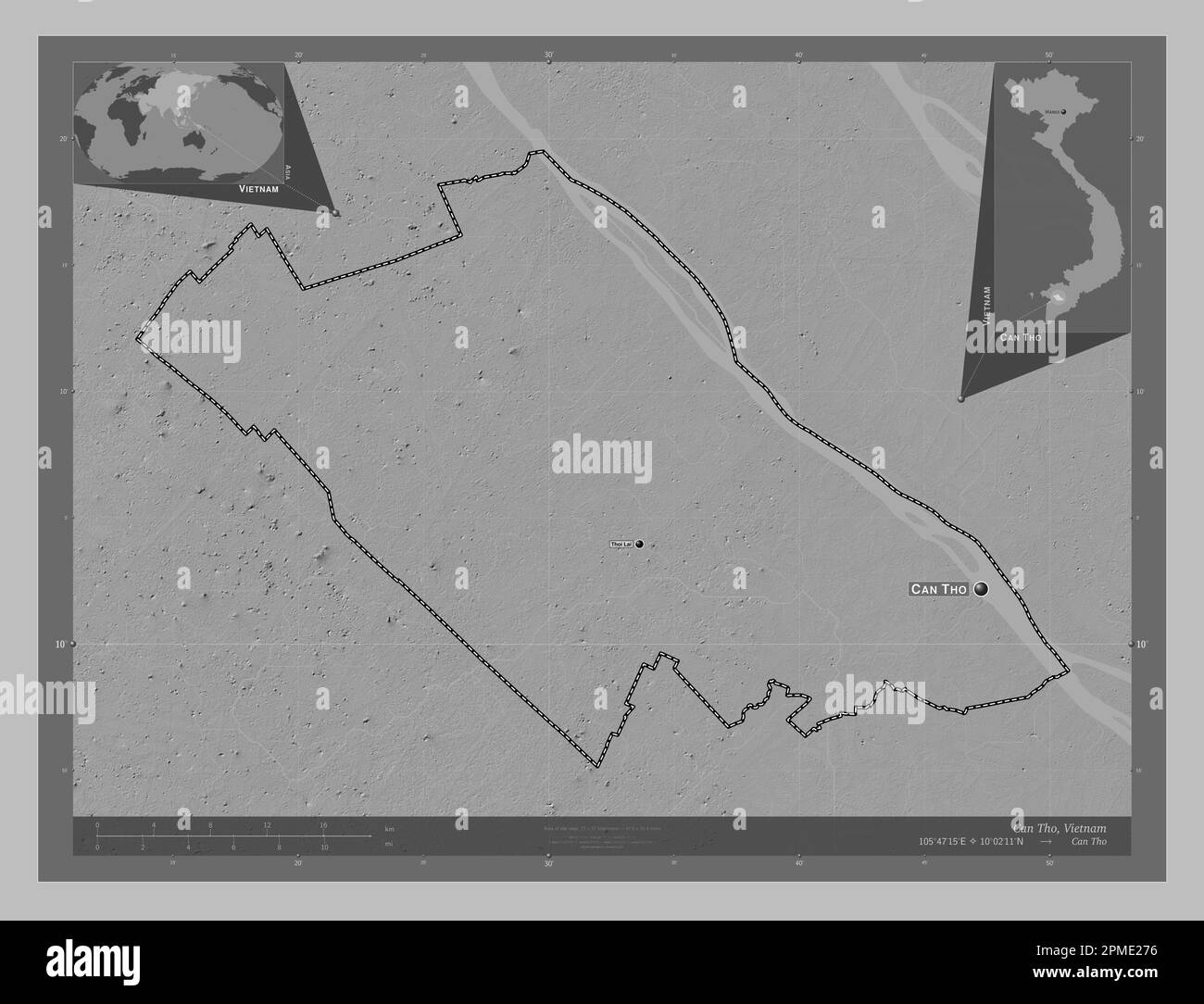 Can Tho, city|municipality|thanh pho of Vietnam. Grayscale elevation ...
