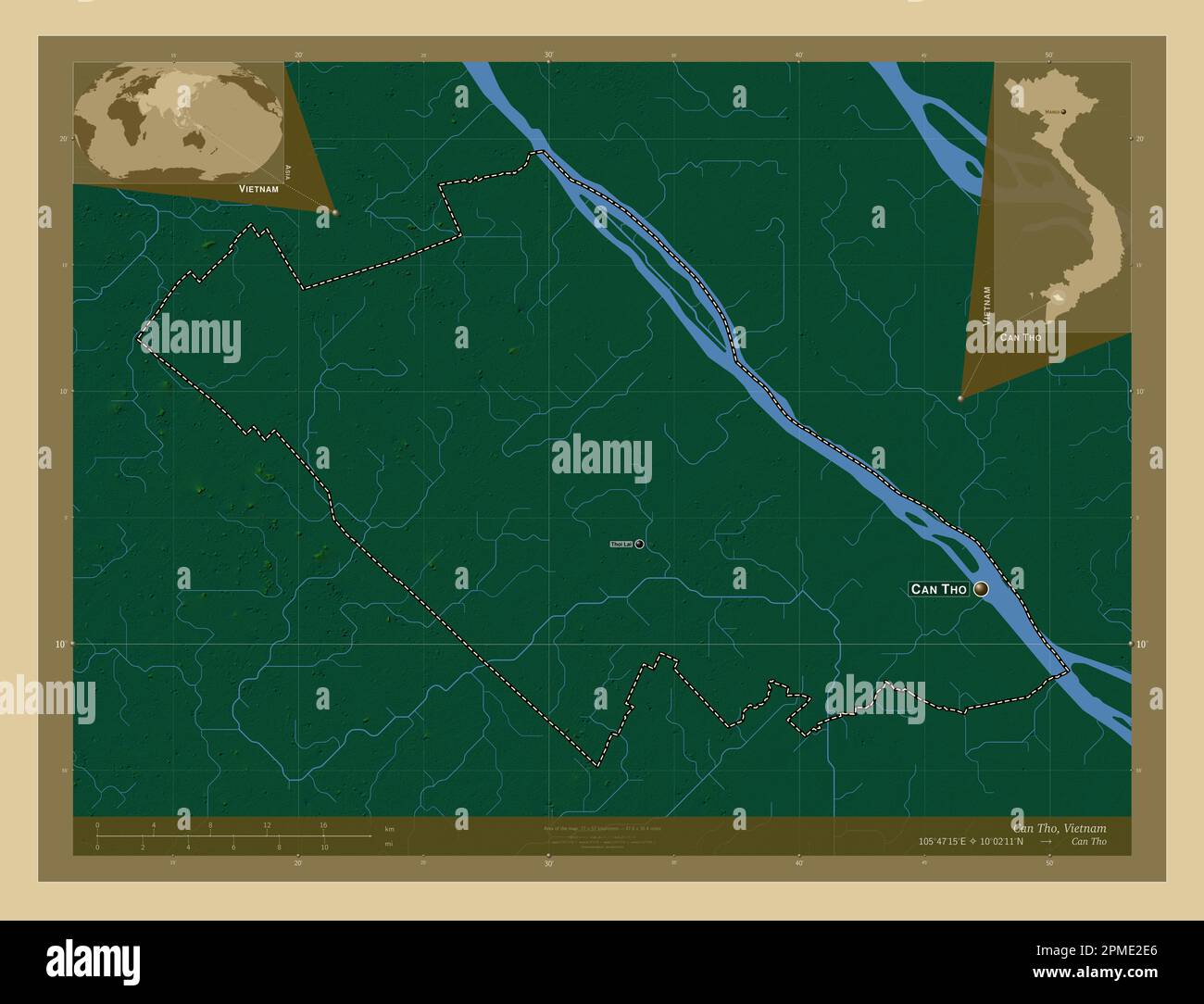 Can Tho, city|municipality|thanh pho of Vietnam. Colored elevation map ...