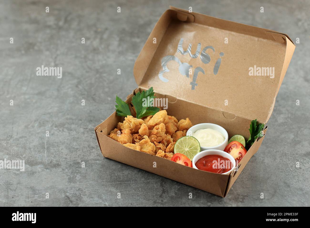 Paper Box with Tasty Fried Popcorn Chicken on Grey Background, Served ...