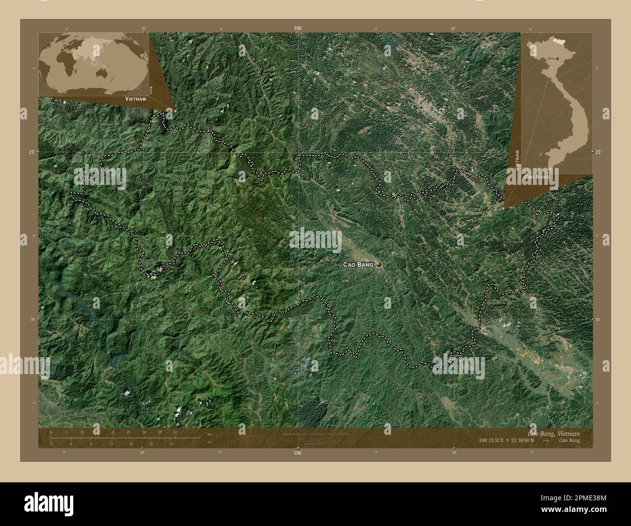 Cao Bang, province of Vietnam. Low resolution satellite map. Locations ...