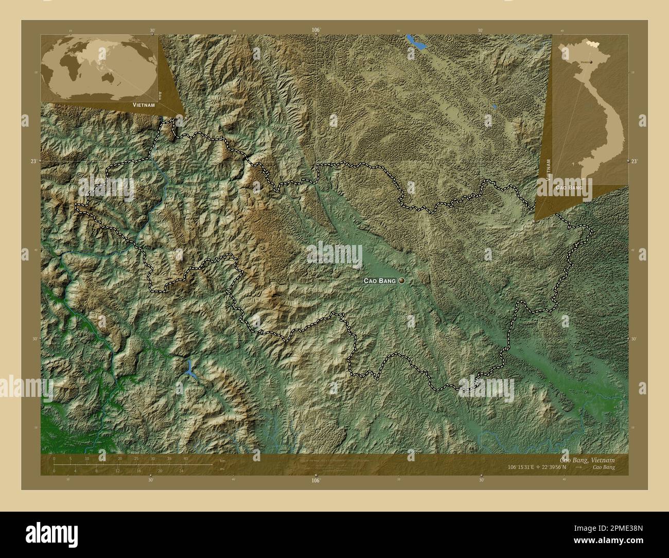 Cao Bang, province of Vietnam. Colored elevation map with lakes and ...