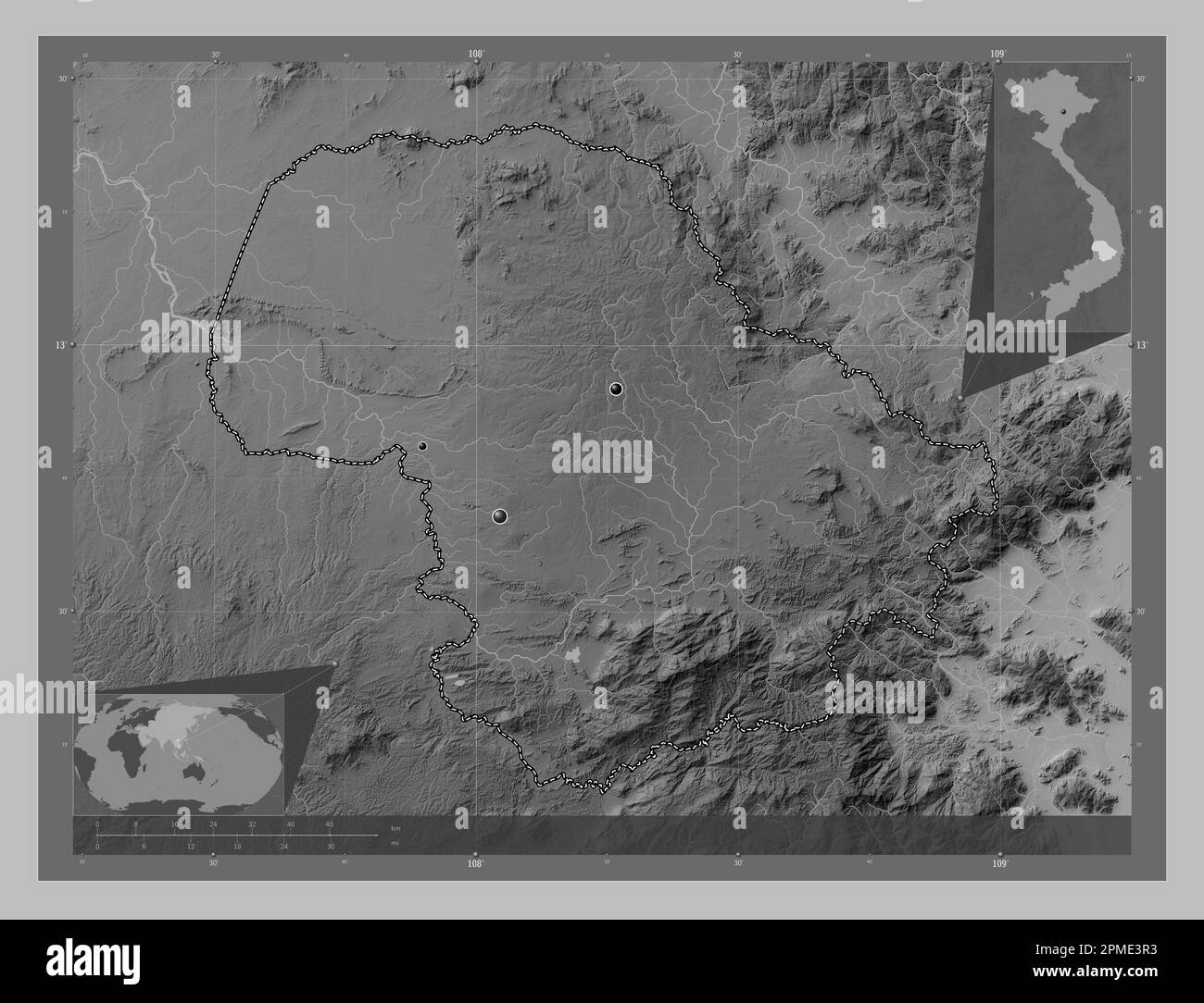 ak Lak, province of Vietnam. Grayscale elevation map with lakes and ...