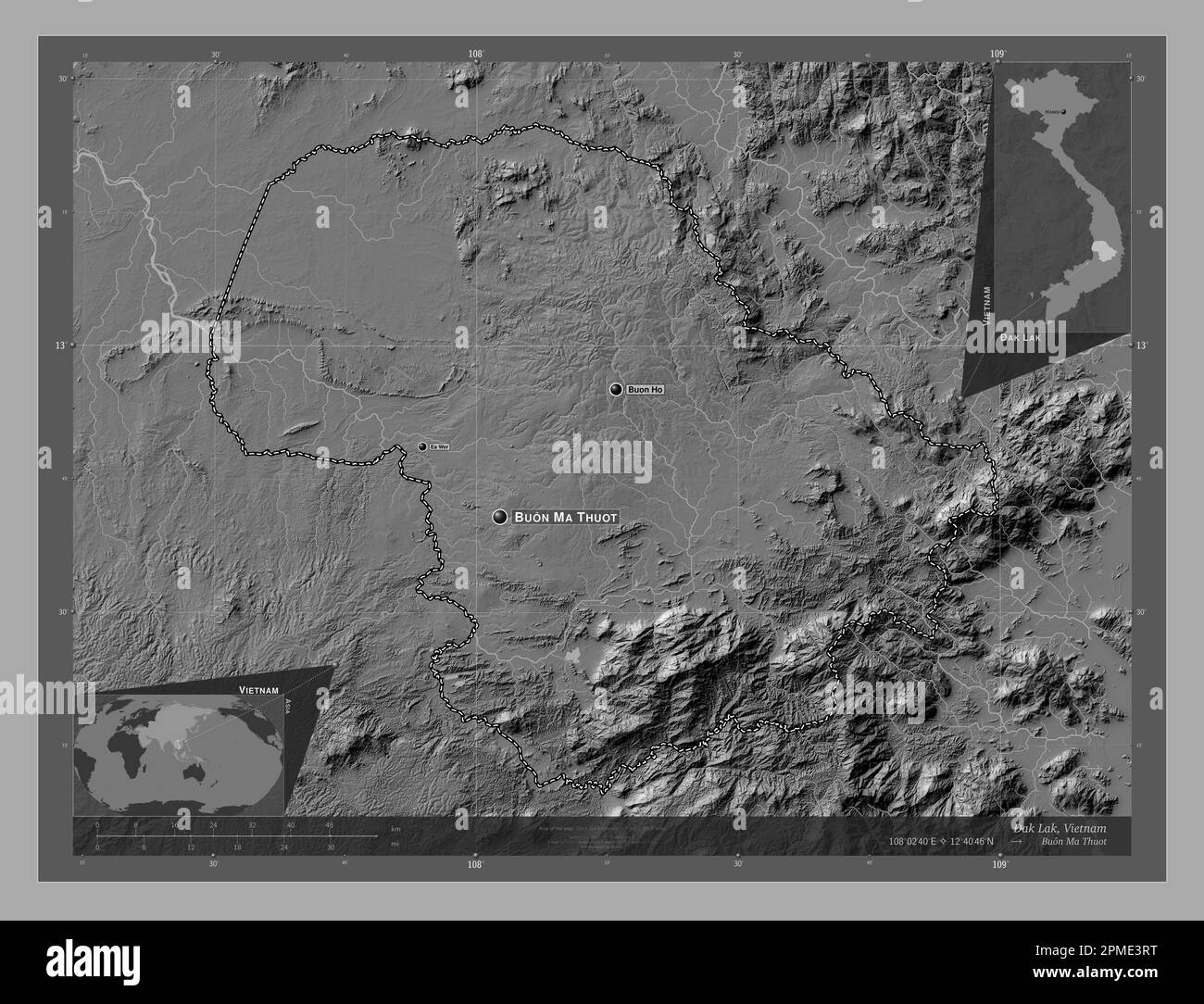 ak Lak, province of Vietnam. Bilevel elevation map with lakes and ...