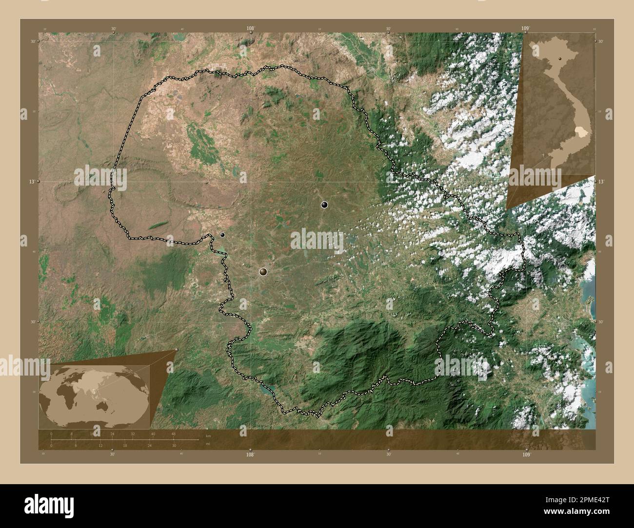 ak Lak, province of Vietnam. Low resolution satellite map. Locations of ...