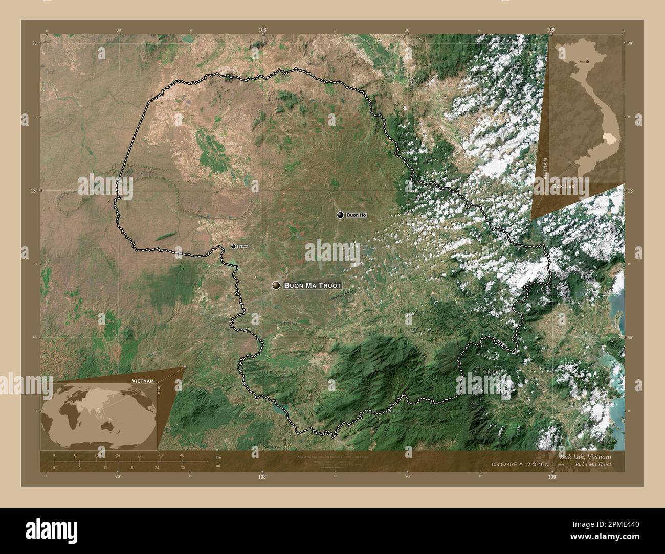 ak Lak, province of Vietnam. Low resolution satellite map. Locations ...