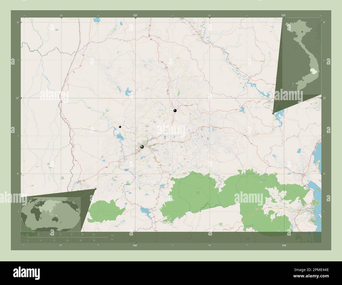 ak Lak, province of Vietnam. Open Street Map. Locations of major cities ...