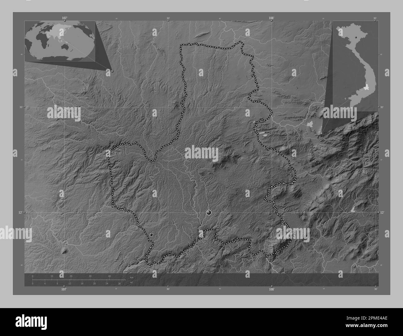 ak Nong, province of Vietnam. Grayscale elevation map with lakes and ...