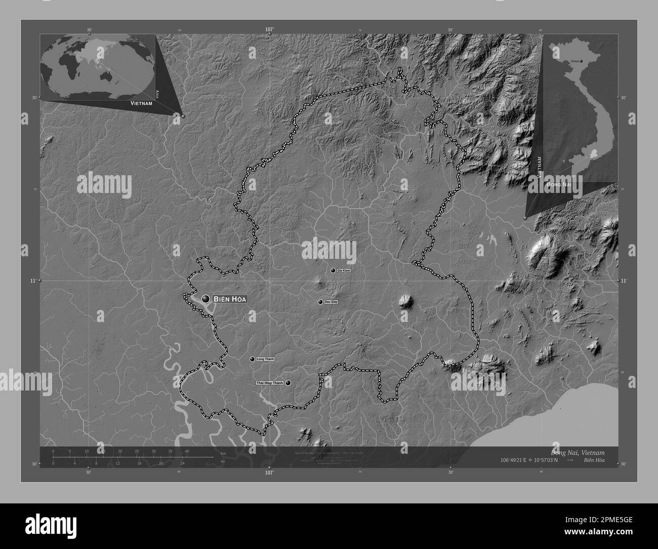ong Nai, province of Vietnam. Bilevel elevation map with lakes and ...