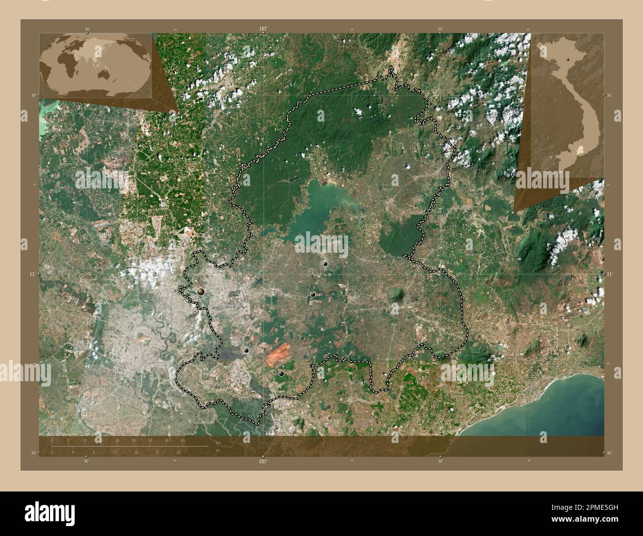 ong Nai, province of Vietnam. Low resolution satellite map. Locations ...