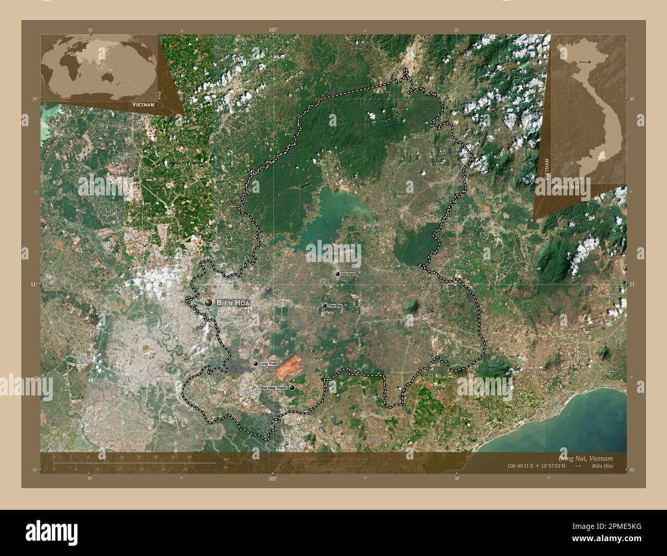 ong Nai, province of Vietnam. Low resolution satellite map. Locations ...