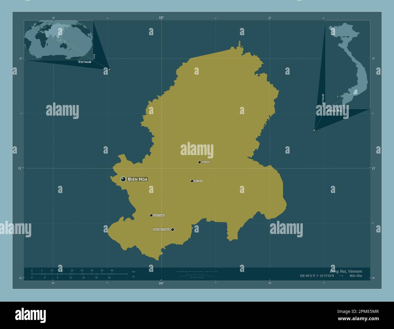 ong Nai, province of Vietnam. Solid color shape. Locations and names of ...
