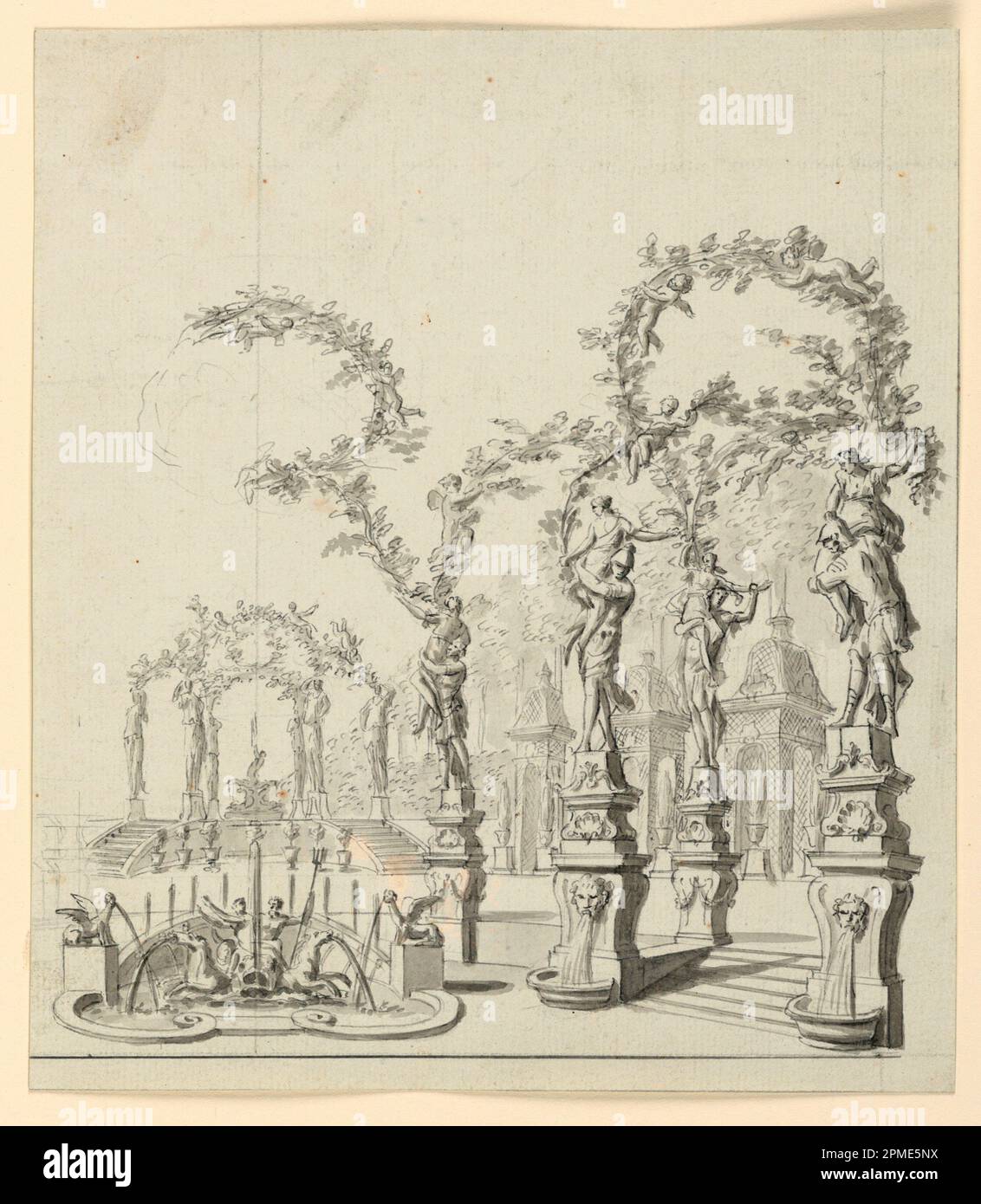 Drawing, Stage Design: Garden Architecture with Fountain and Sculptures ...